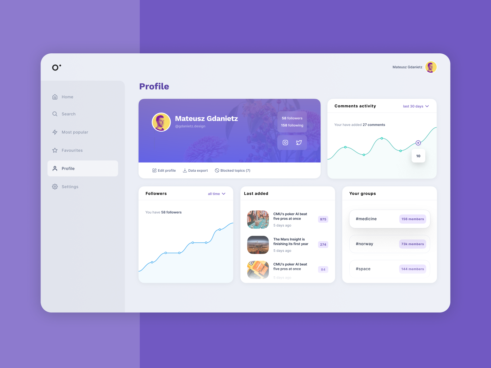 Profile view by Mateusz Gdanietz on Dribbble