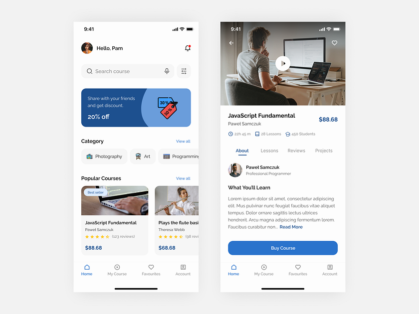 Learning platform - home screen/course screen by Adrian Witek on Dribbble