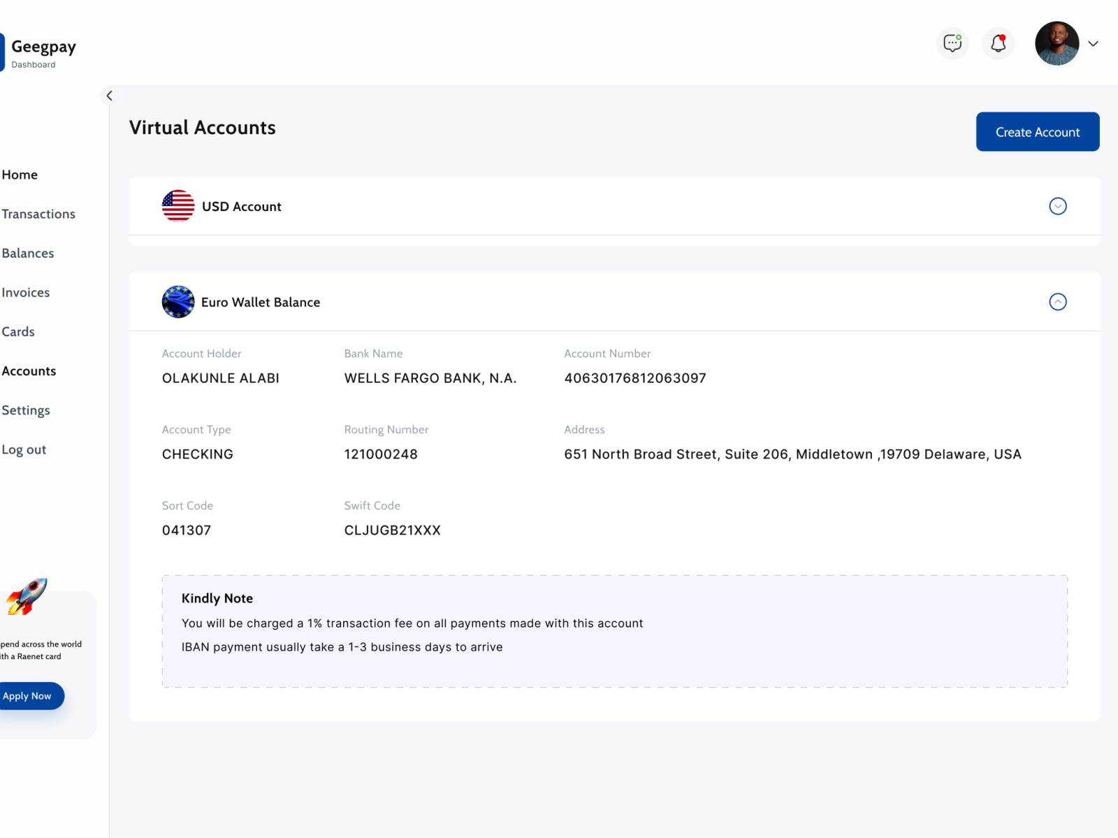 Virtual accounts details dashboard by Olakunle on Dribbble