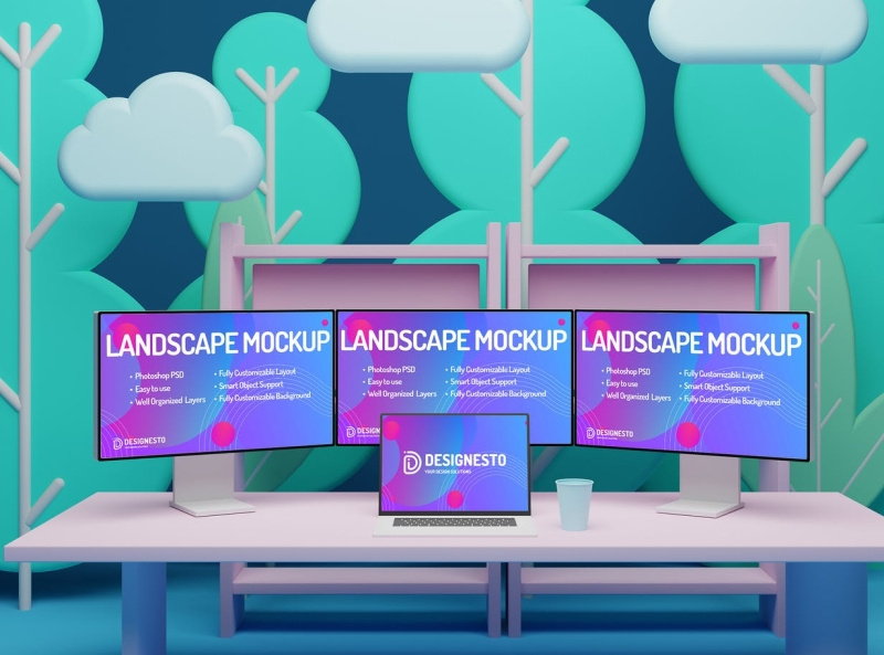 Laptop Triple Monitor Cartoon – Mockup Template by Creative Sandra on ...