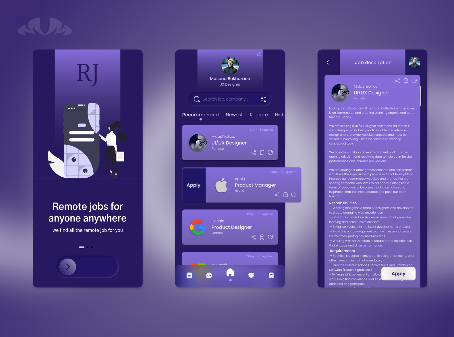 Job platform app by Masuod Bokharaee on Dribbble