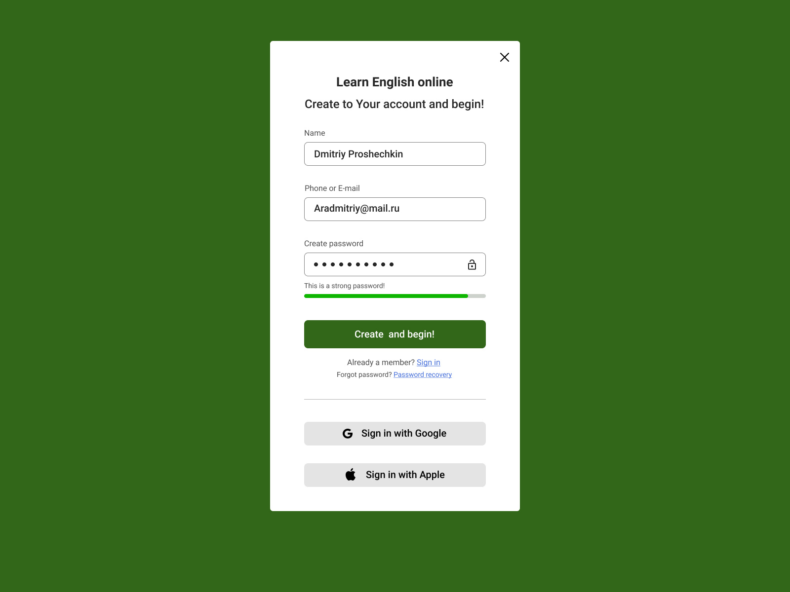 Registration window by Dmitriy Proshechkin on Dribbble