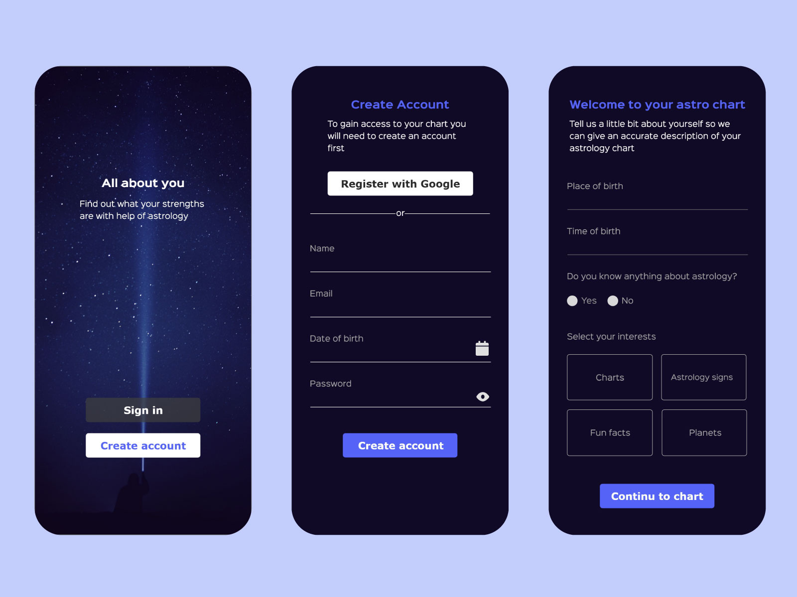 Daily UI challenge 001 | astrology app by Naomi van Gessel on Dribbble