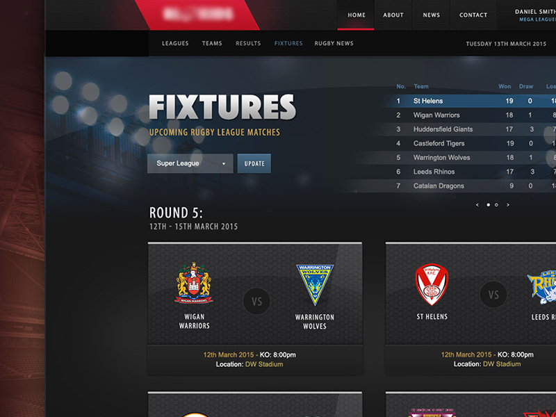Rugby Fixtures WebPage by Simon Fairhurst on Dribbble