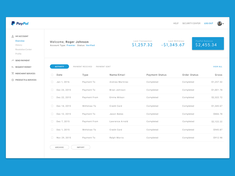 Paypal Dashboard Redesign by Glen Baku on Dribbble