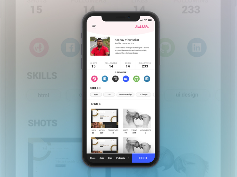 Dribbble app profile screen by Akshay Vinchurkar on Dribbble