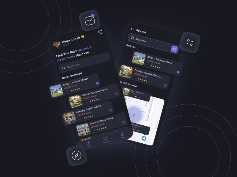 House Listing App Dark Mode UI UX Design by Bhaskar Kaura on Dribbble