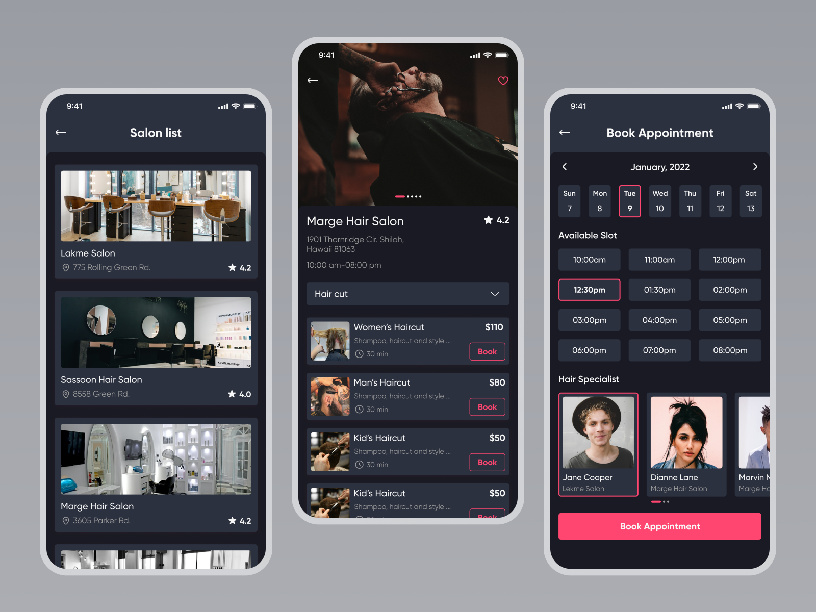 Salon - Appointment booking app - Dark Theme by SolGuruz on Dribbble