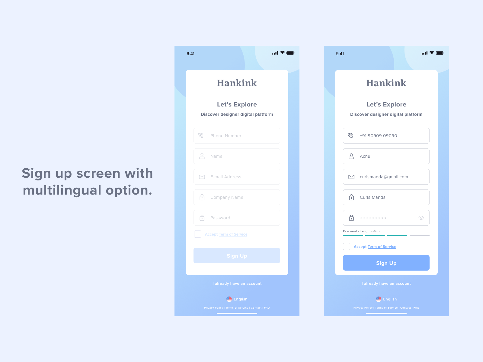 Hankink. Sign Up screen with multilingual option! by Curls Manda on ...