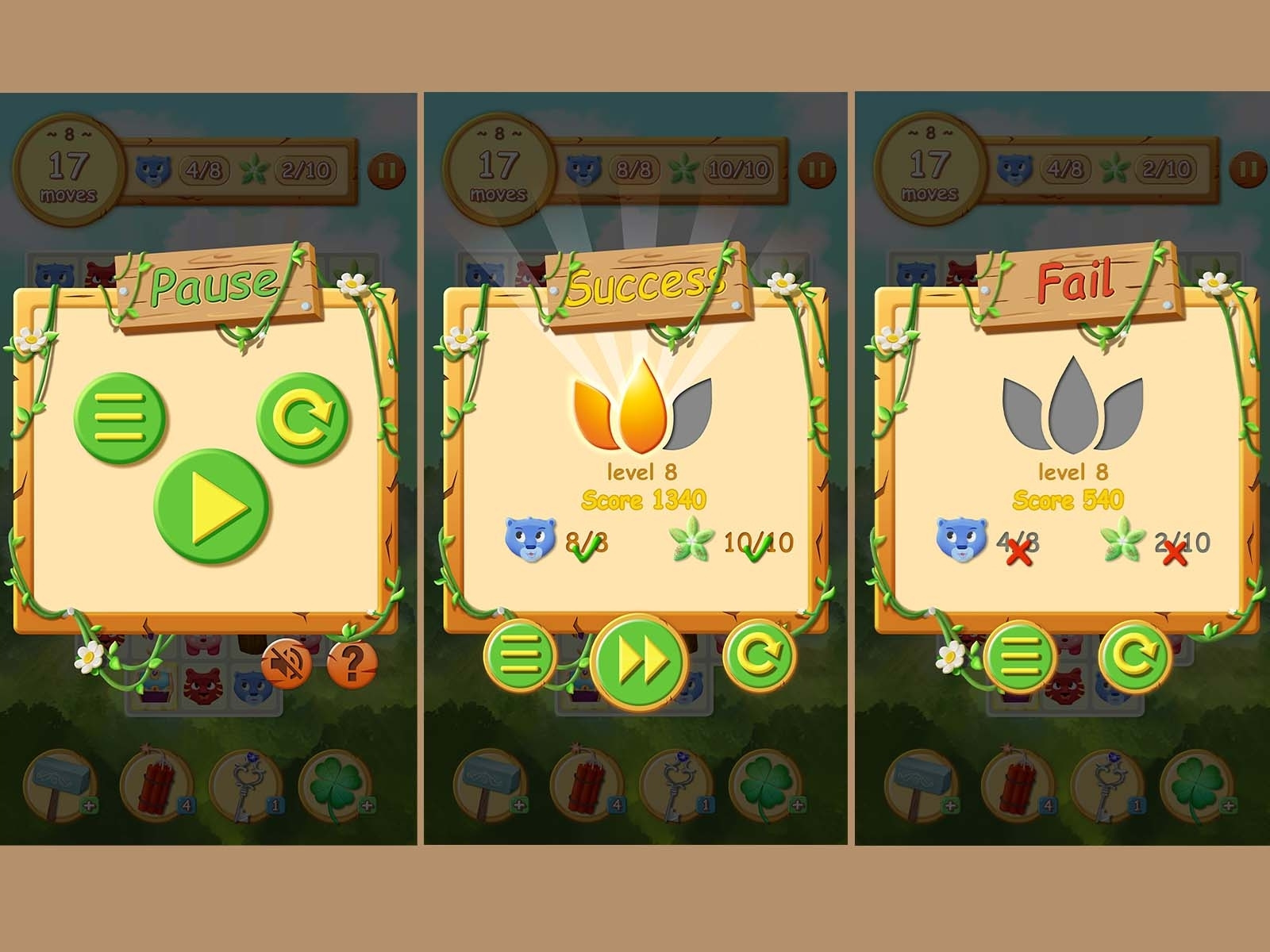 ui pause / victory / fail screen design for match-3 mobile game by ...