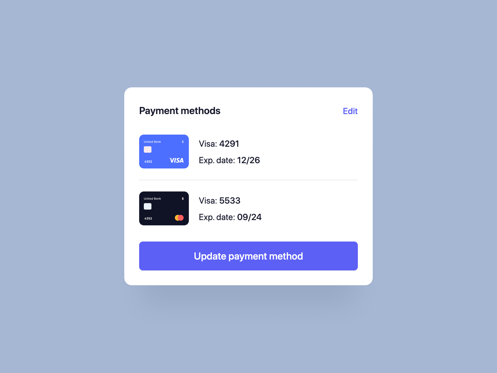 Card Component for Payment Methods - Webpixels by Webpixels on Dribbble