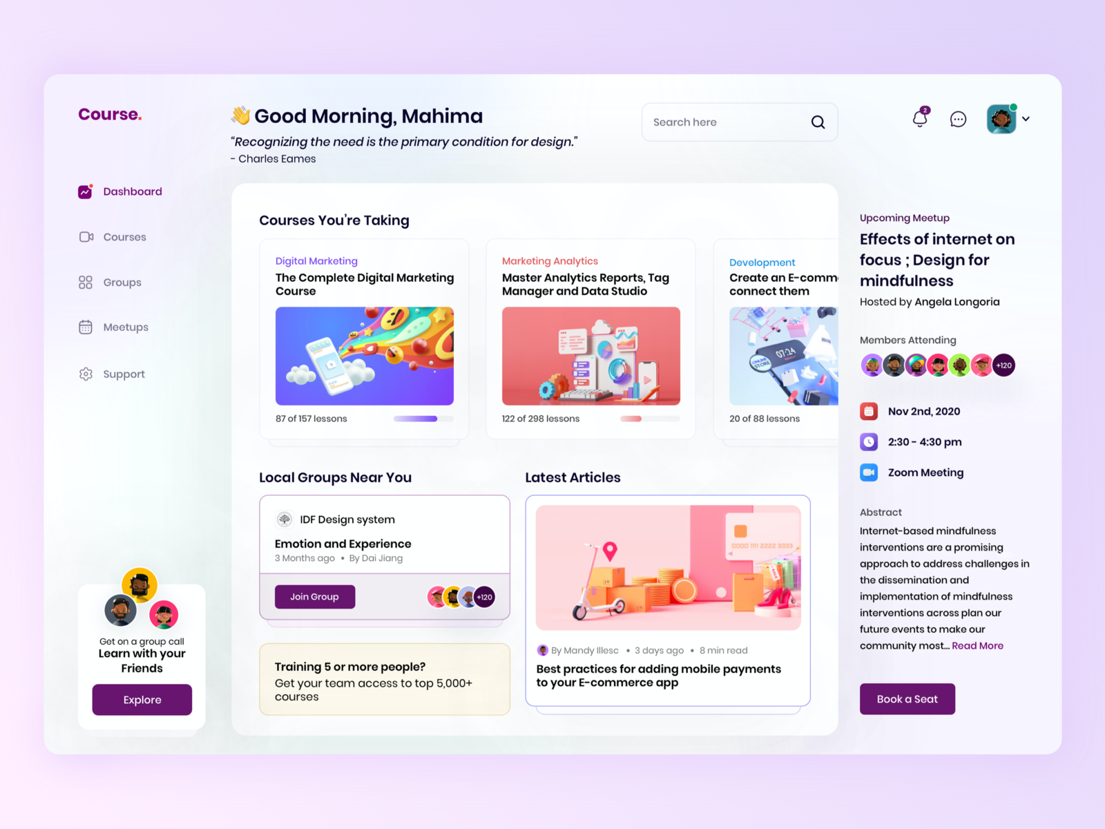 eLearning Dashboard by Mahima Mahajan on Dribbble