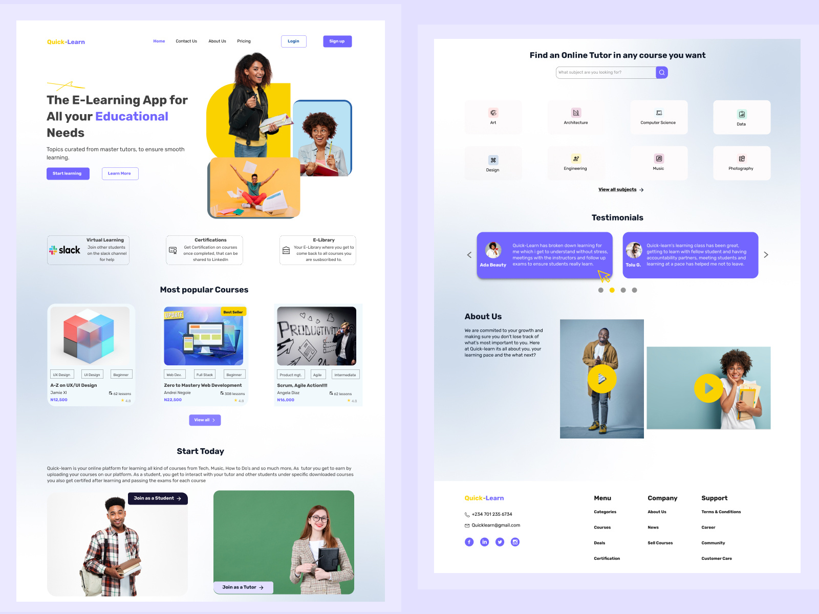 Quick-Learn E-learning landing page by Ihetu Chimdinma on Dribbble