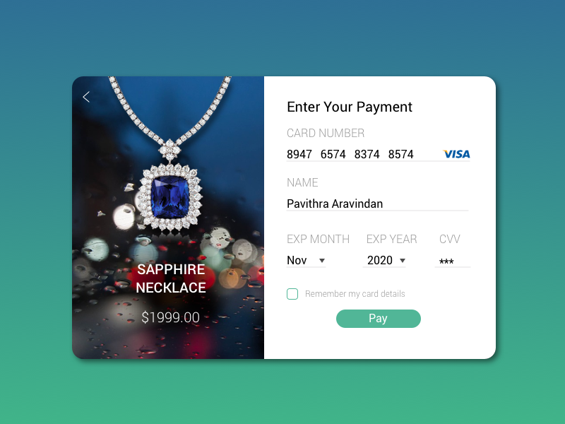 Daily UI #002 - Credit Card Payment by Pavithra Aravindan on Dribbble