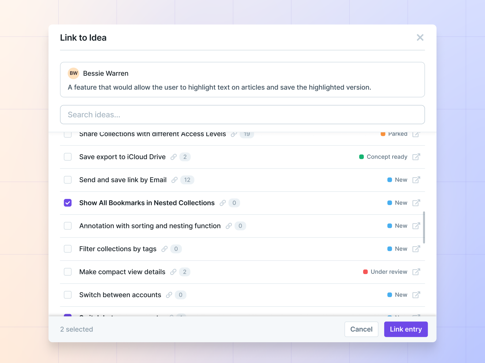 Modal Dialog - Link Customer Feedback to Product Idea by usrnk1 on Dribbble
