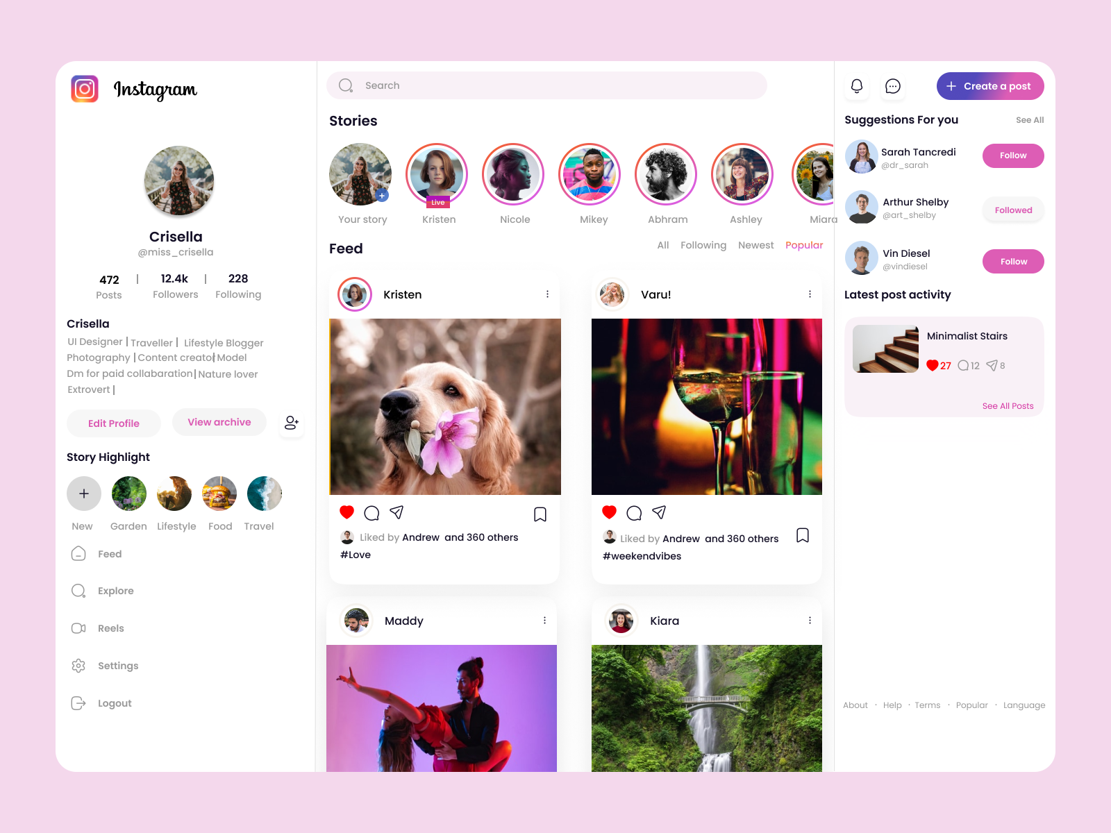 Instagram Dashboard UI Concept by Vaishnavi Kakkeri on Dribbble