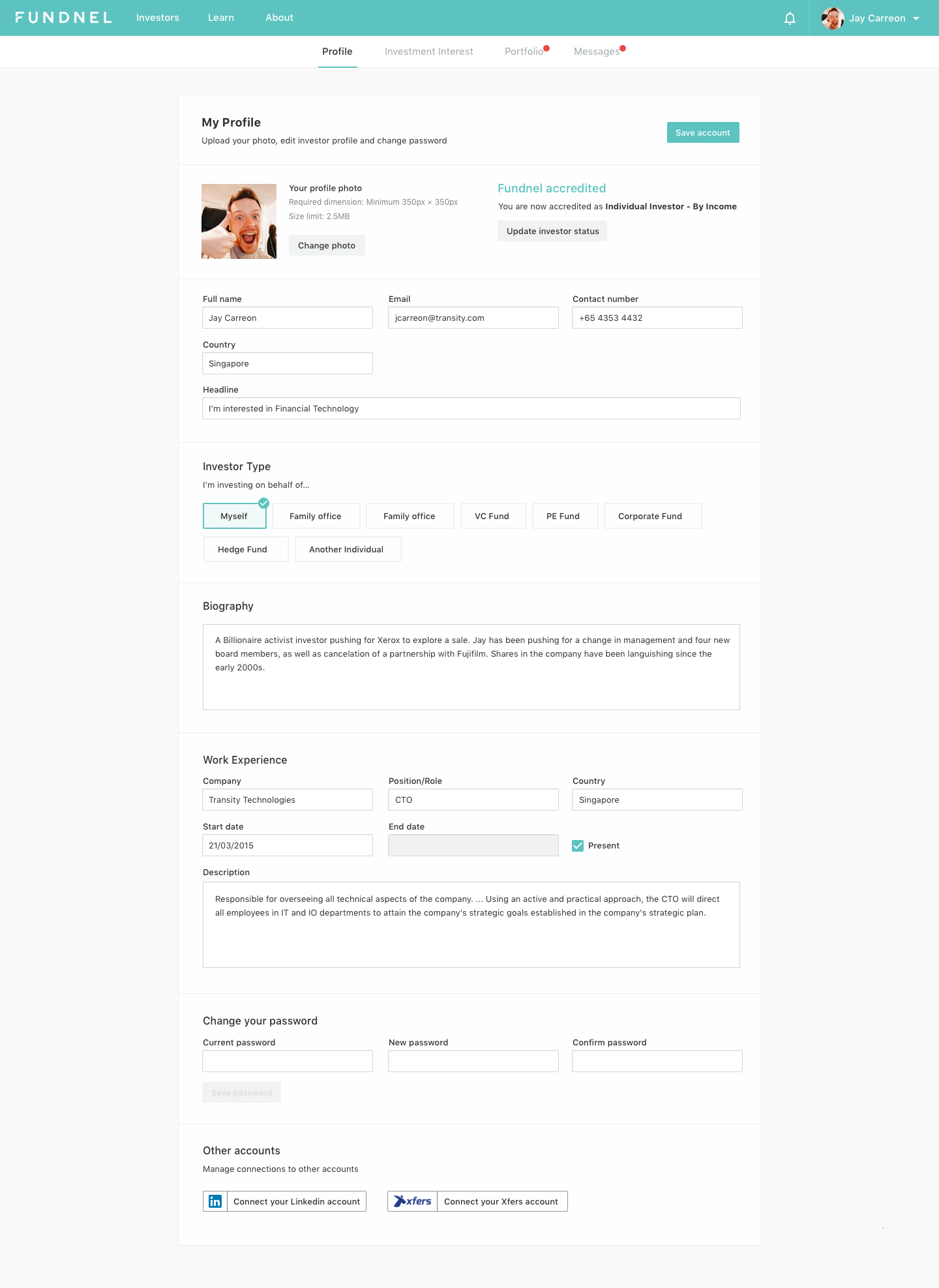 Investor profile page by Jay Carreon on Dribbble