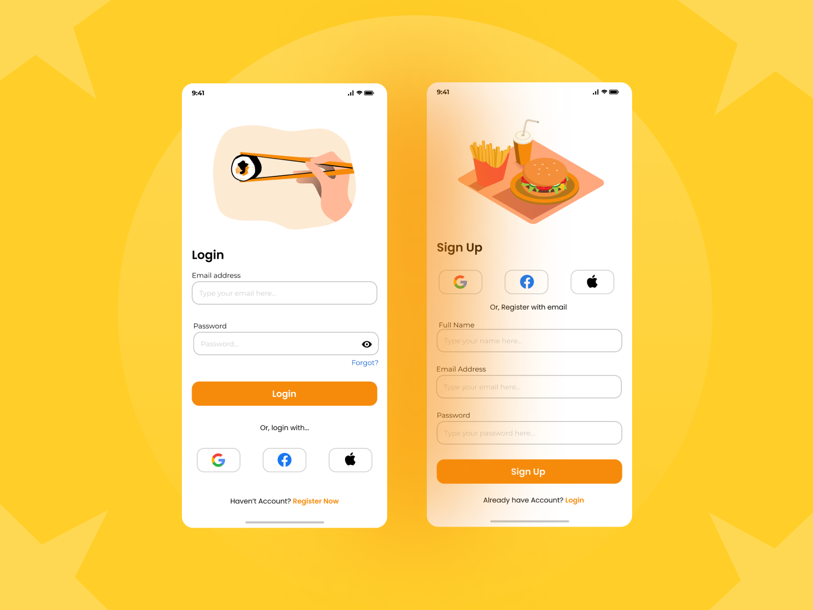 Food App UI login and sign up by Abizar Al Ghifari on Dribbble