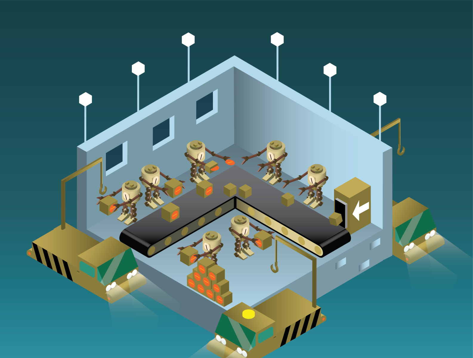 Low grade assembly line robots by Rotoscopula on Dribbble