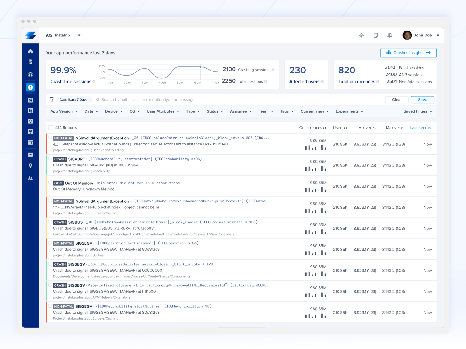 Crash Reporting With Real-time Alerts by Othman for Instabug on Dribbble