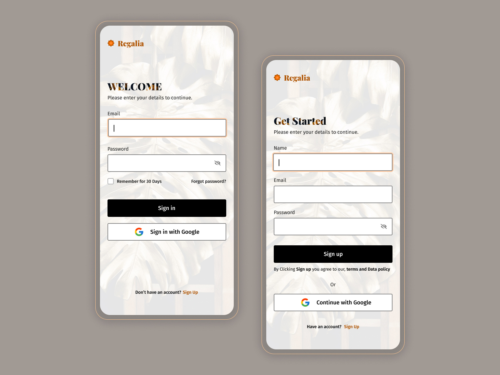 Regalia - Login/Sign up page Mobile by Tilak on Dribbble
