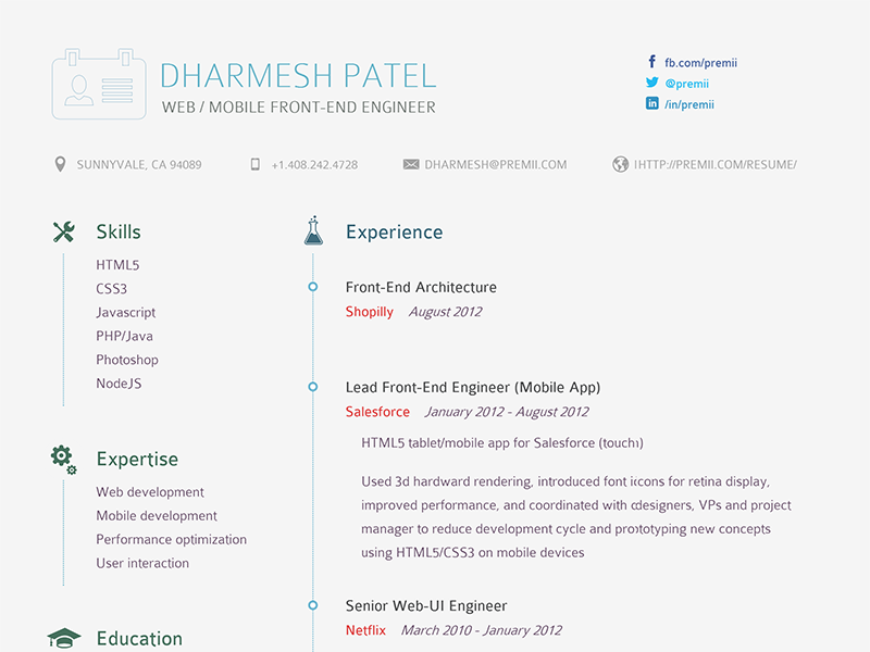 Resume by Dharmesh Patel on Dribbble