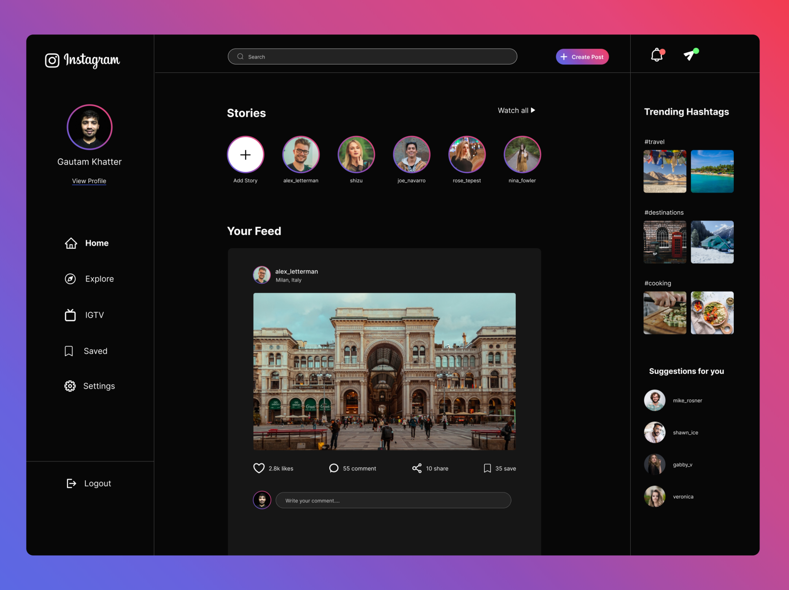 Instagram Re-design for desktop by Gautam Khatter on Dribbble