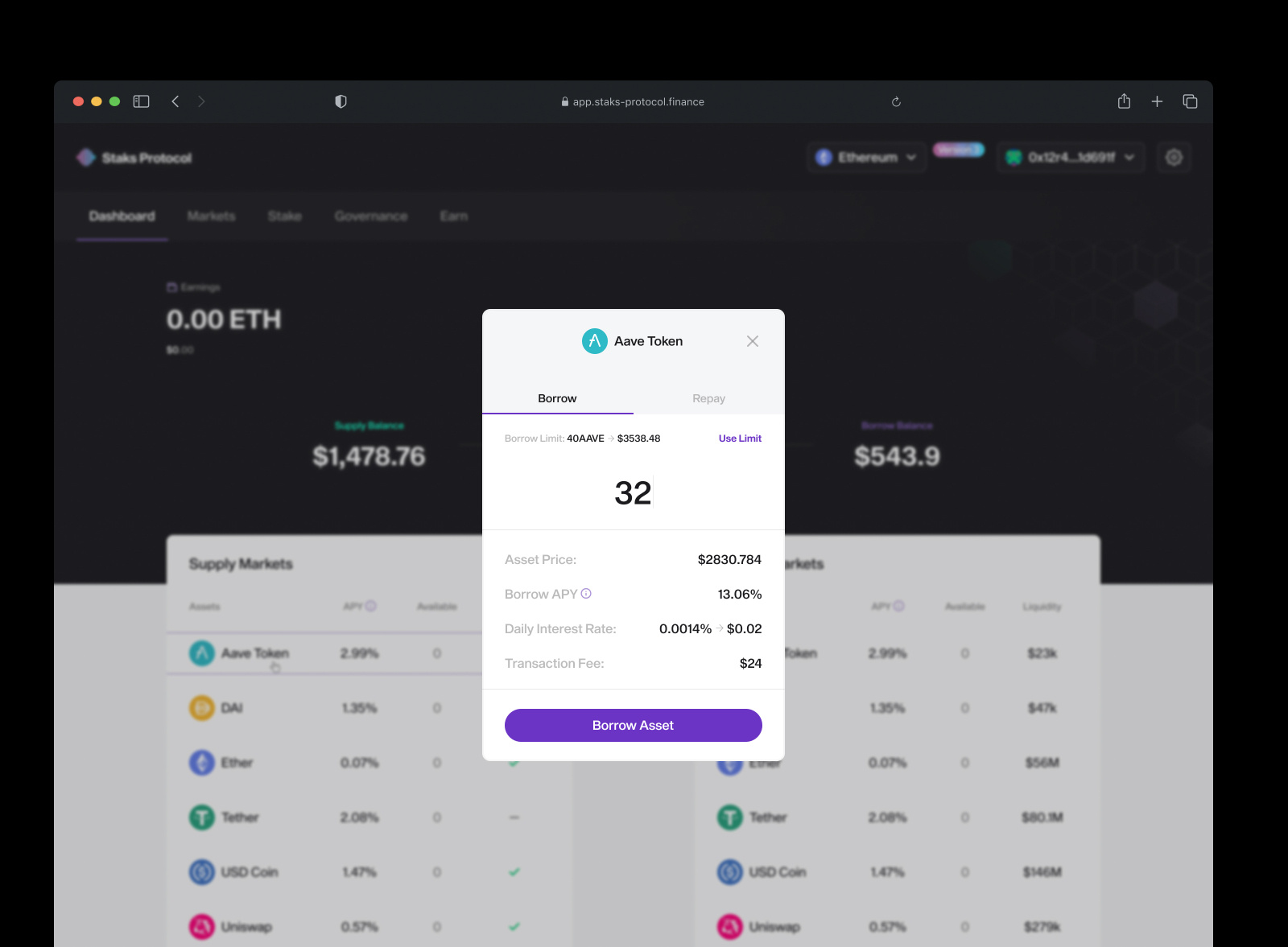 Staks Protocol - borrow modal by Opemipo Odunsi on Dribbble