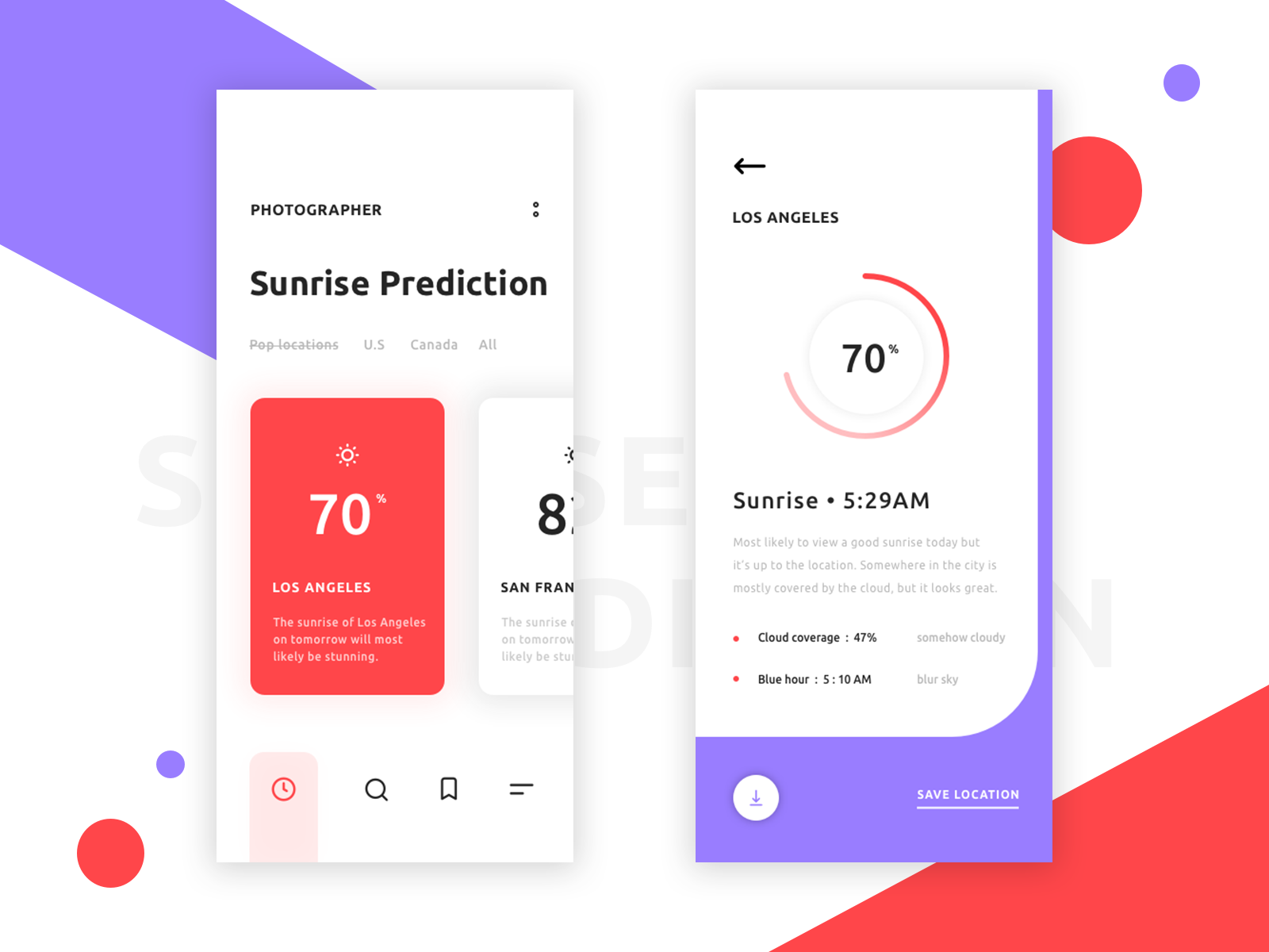 Sunrise prediction app UI design by Chen Liu for Panda Plus on Dribbble
