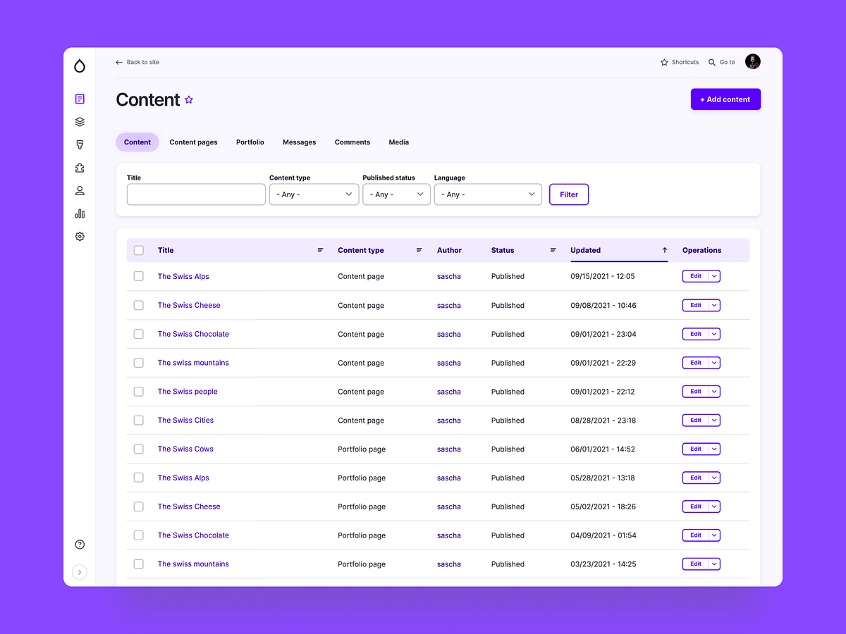Drupal – Gin UI Facelift (Purple Accent) by Sascha Eggenberger on Dribbble