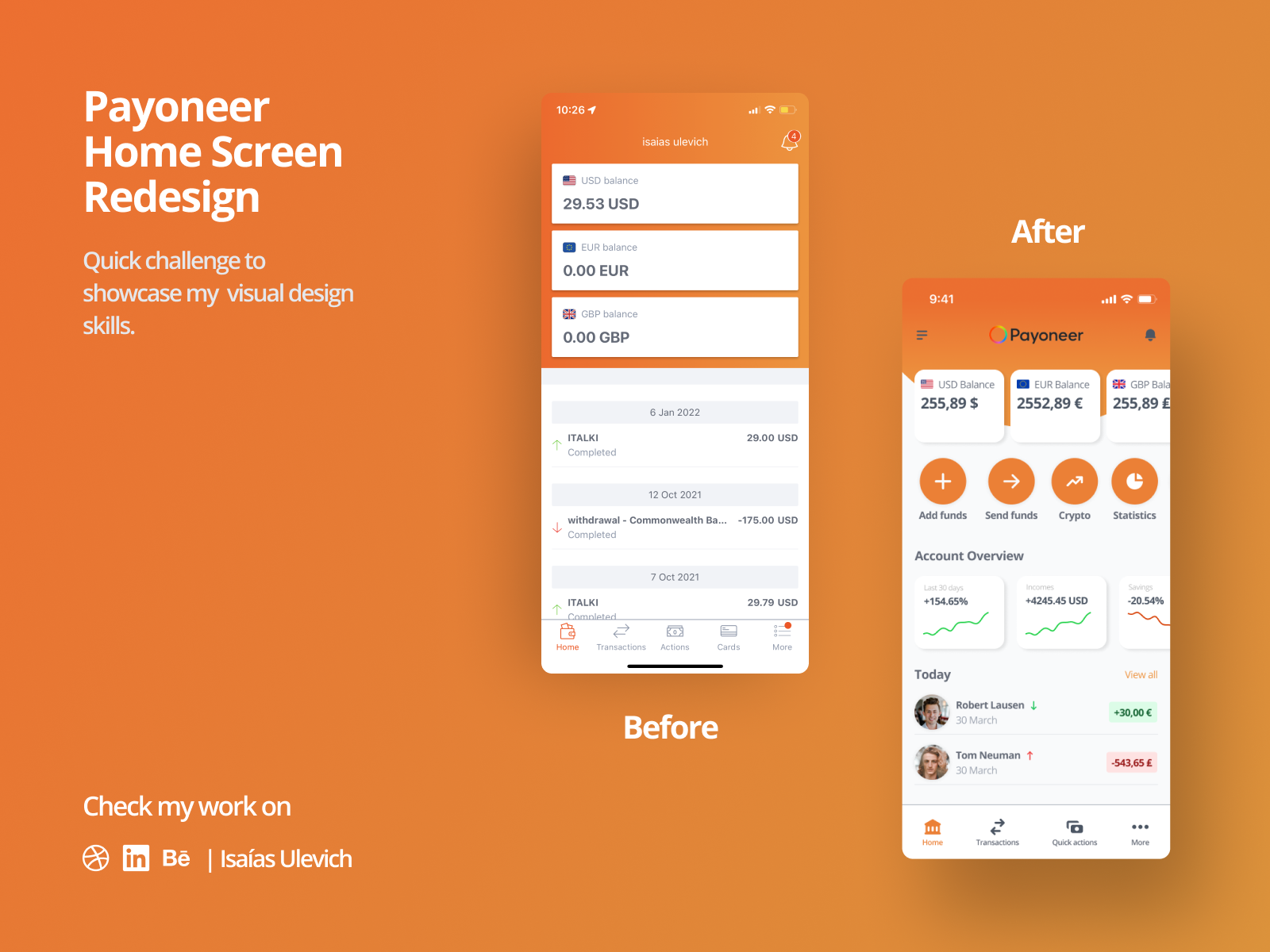 Redesign Payoneer Home Screen - Mobile App - UI Challenge by Isaías ...