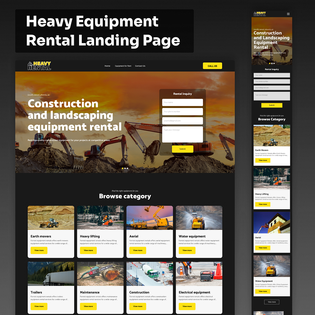 Heavy Equipment Rental Responsive Landing Page by UX Artboard on Dribbble