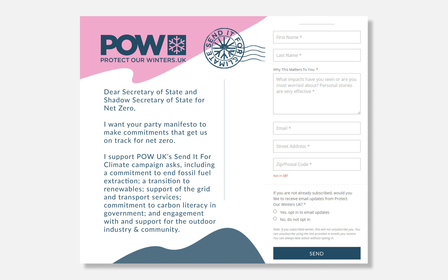 POW UK climate campaign postcard by Christine Parker on Dribbble