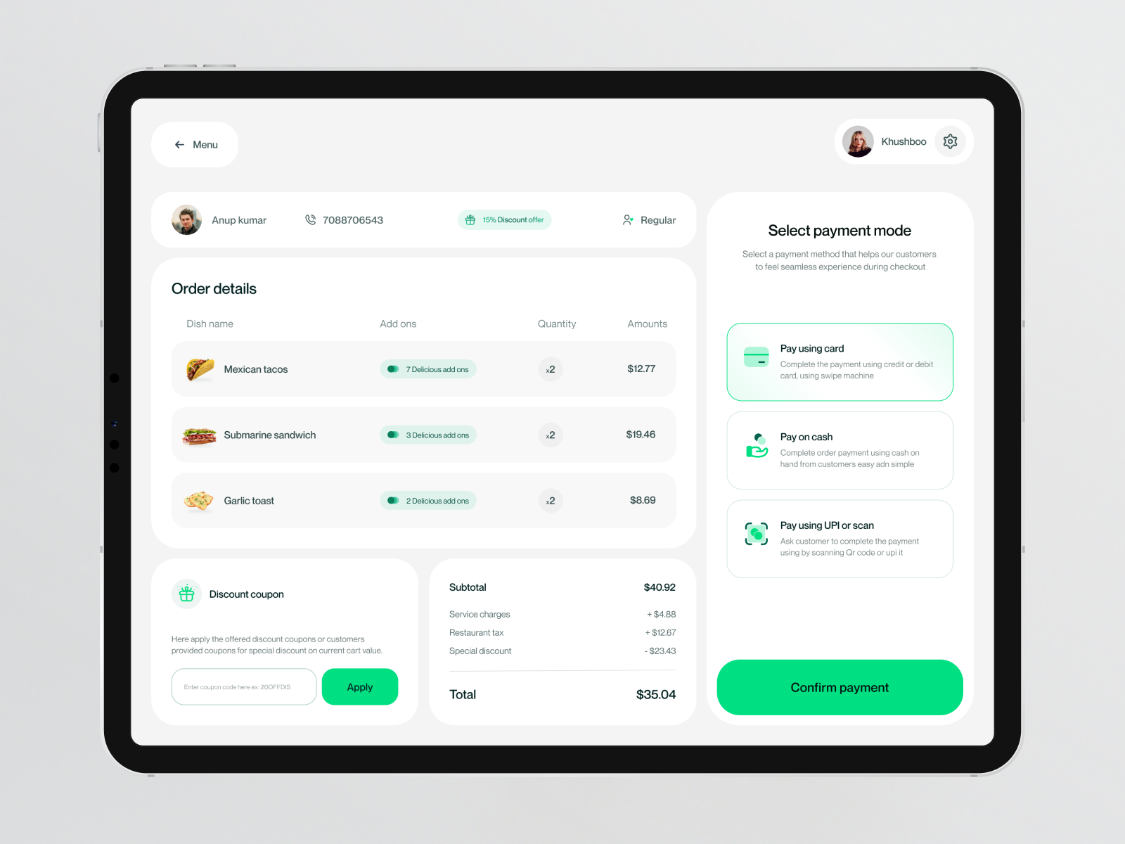 BOWL - POS System Checkout screen by Mitesh Samal on Dribbble