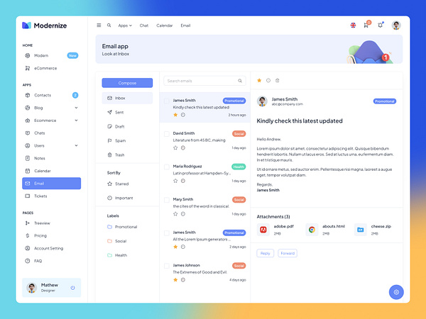 Email app design by AdminMart on Dribbble