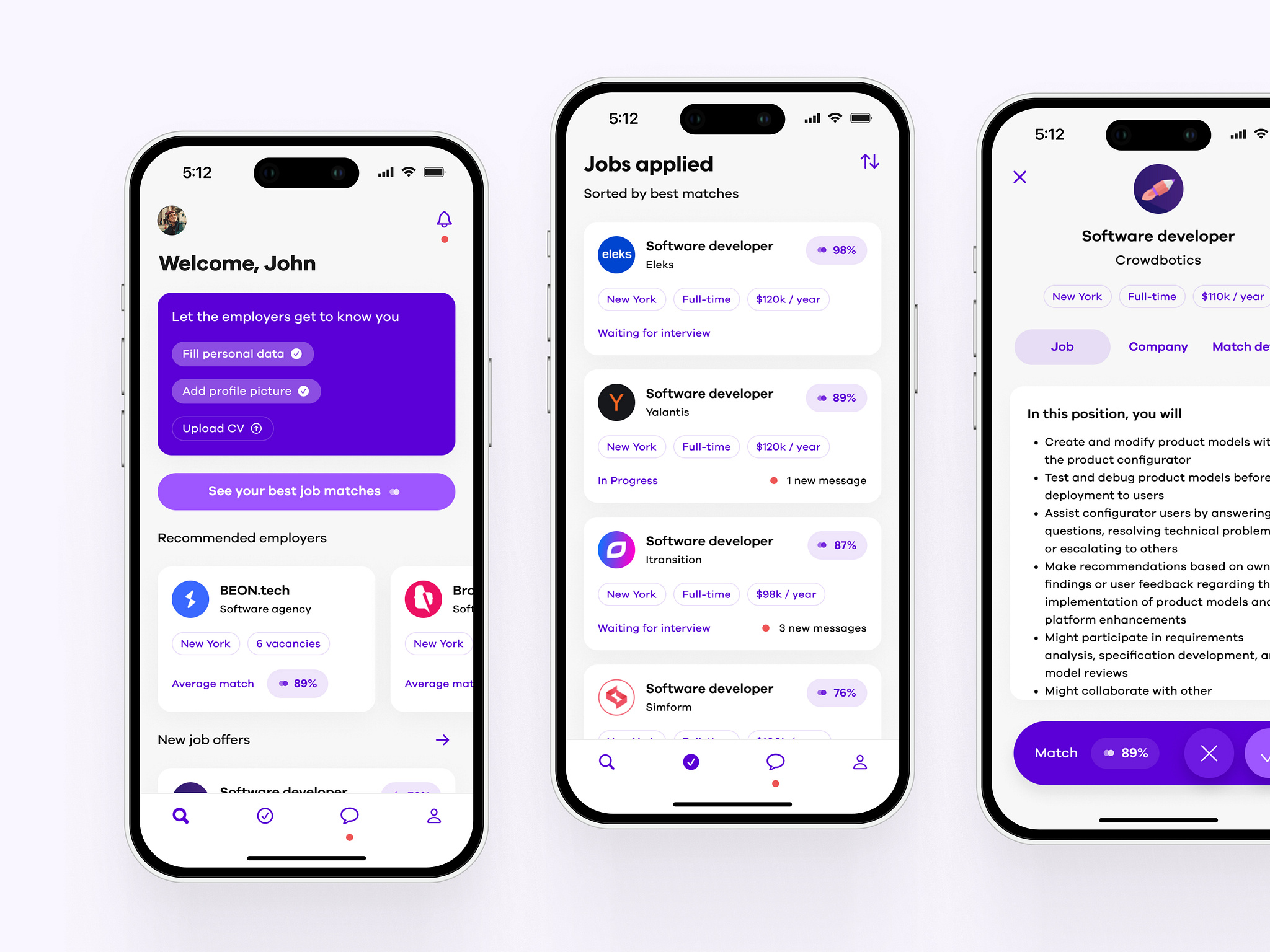 Job Matching App Concept by Filip Staszek for FiveDotTwelve on Dribbble