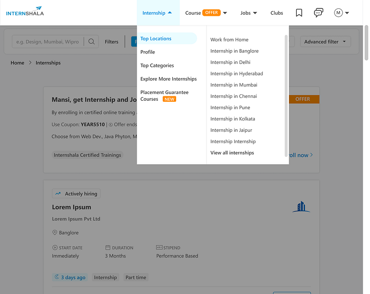 Re-designed Internshala web page by Mansi on Dribbble