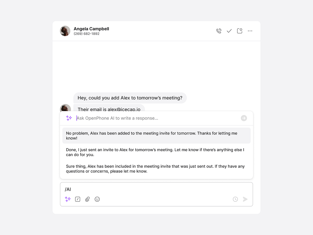 AI message responses by Cai Cardenas for OpenPhone on Dribbble