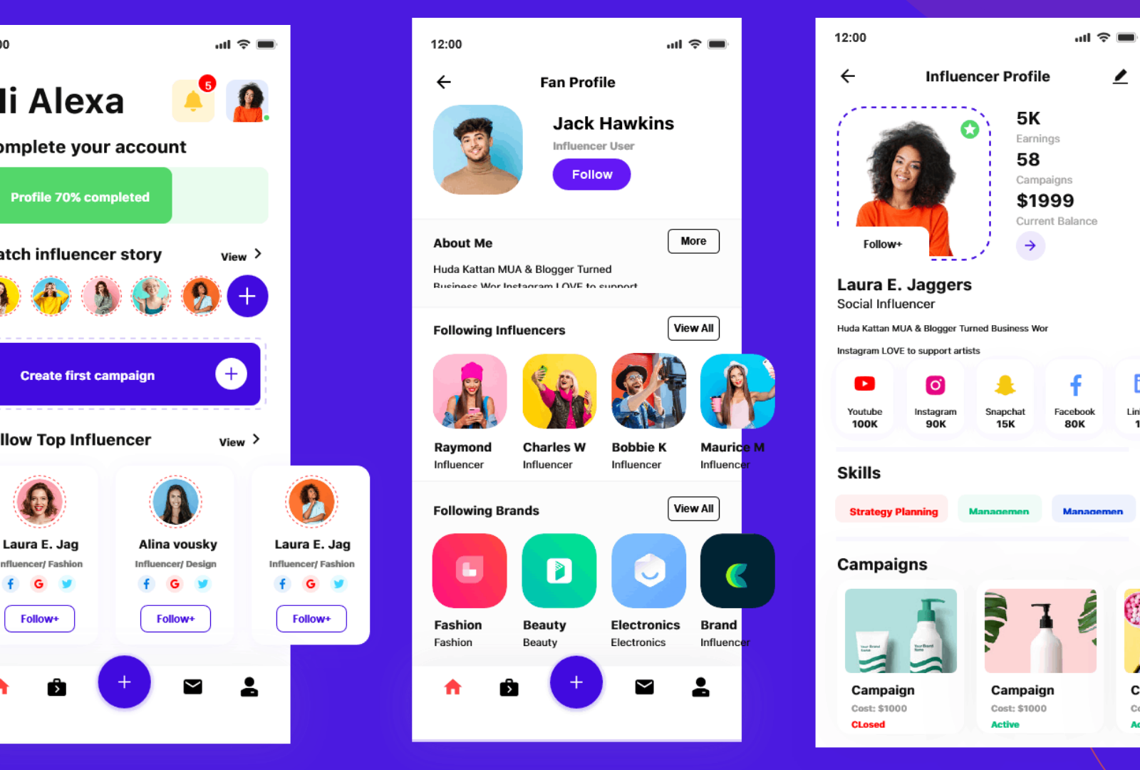 Influencer app UI design by Dork Industry on Dribbble