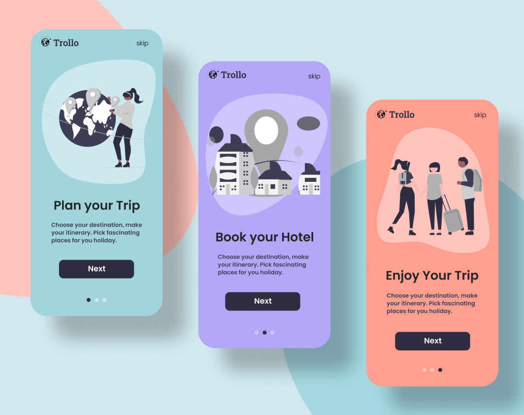 Trollo: Travel Mobile App Onboarding Screens by Ko.Watabe on Dribbble