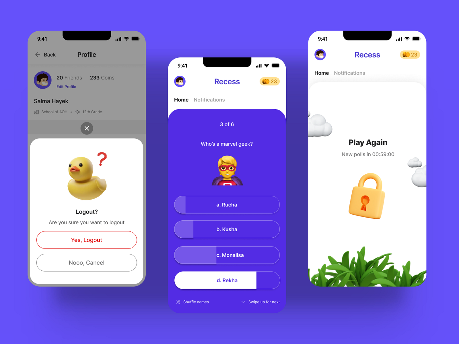 Logout, Home, Timeout Screens by Pooja Sinha 🔥 on Dribbble