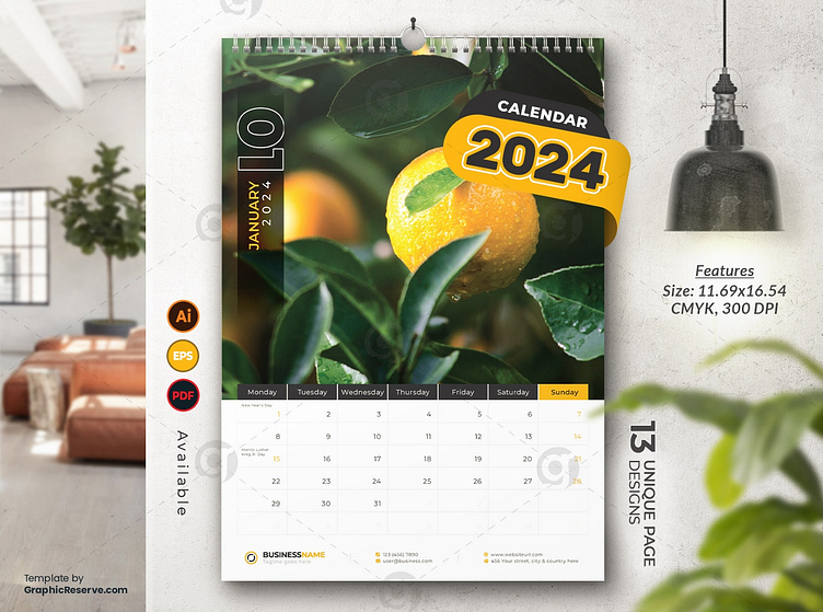Home Office Wall Calendar 2024 Template Model by Graphic Reserve on ...