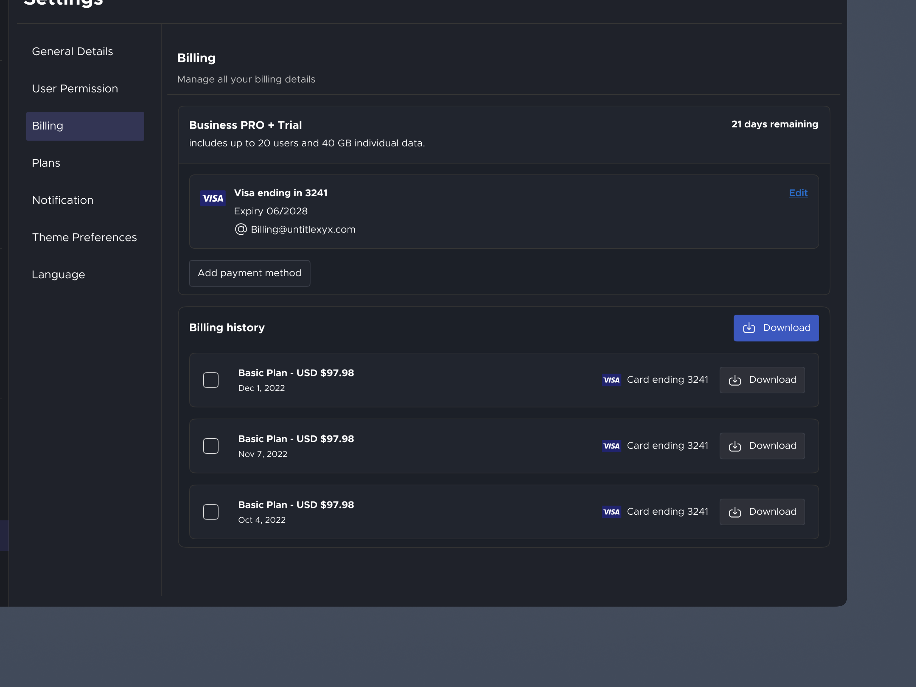Settings page- Billing [Dark mode] by DesiznLab Studio on Dribbble