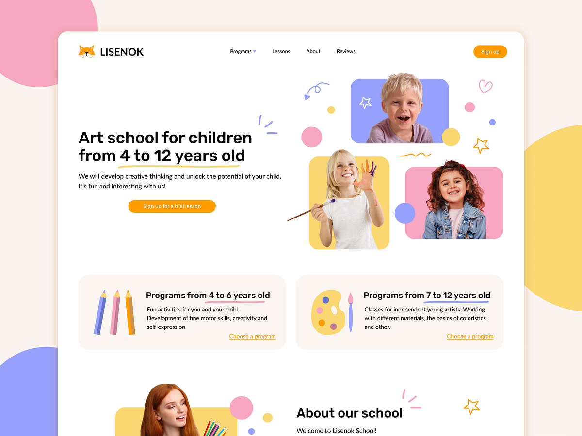 Children's art school website design by Kate Moskvina on Dribbble