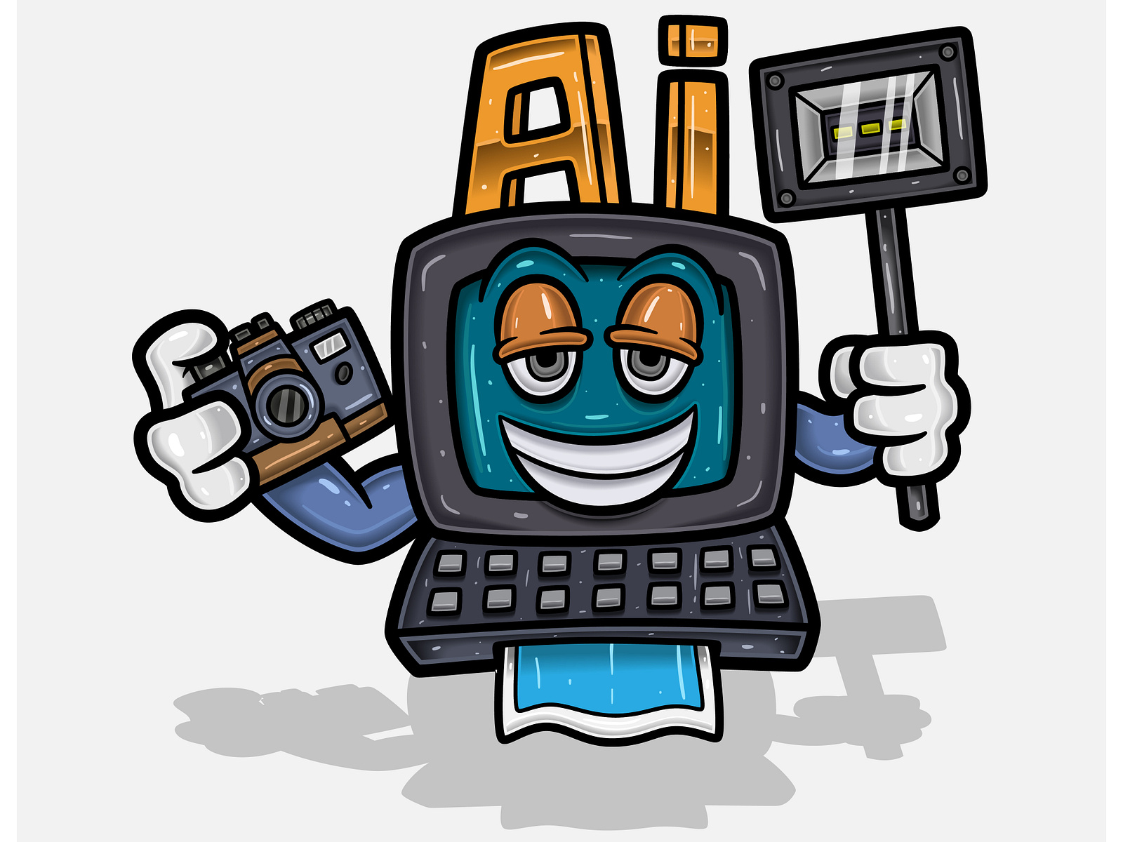 Computer AI Cartoon Character Holding Camera And Flash. by Teddy Mart ...