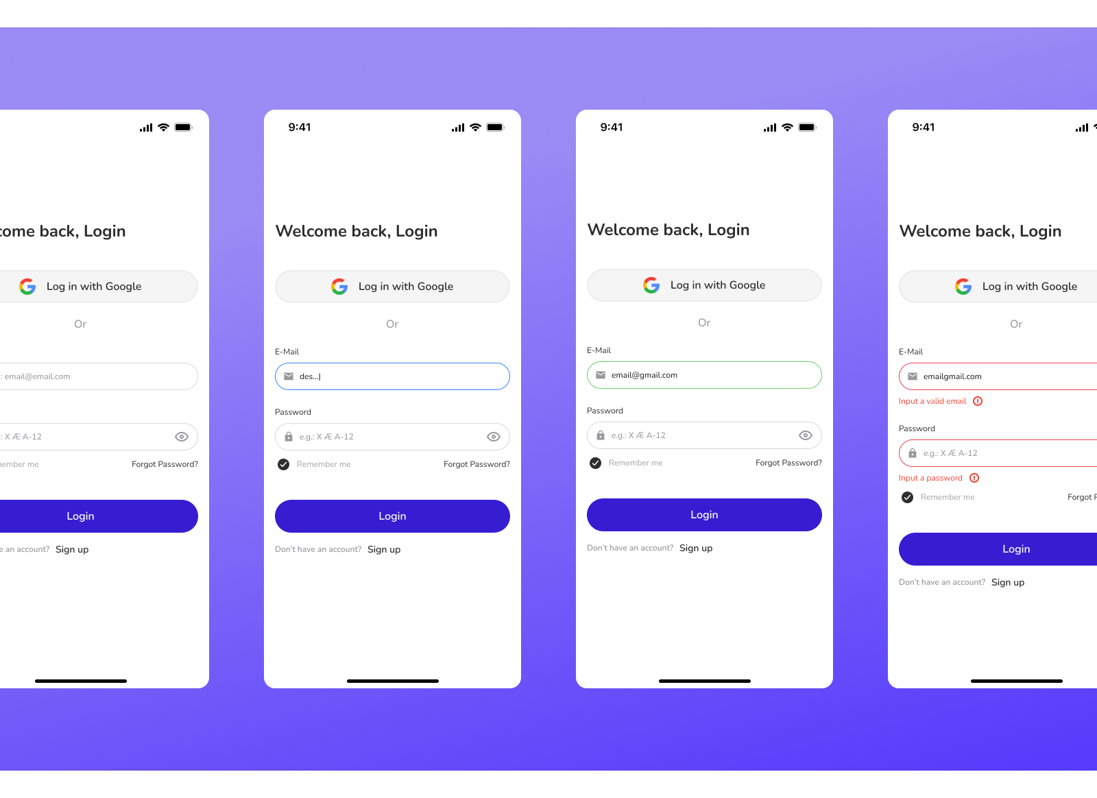 Mobile Login UI in four different states by Rokeeb Abdul on Dribbble
