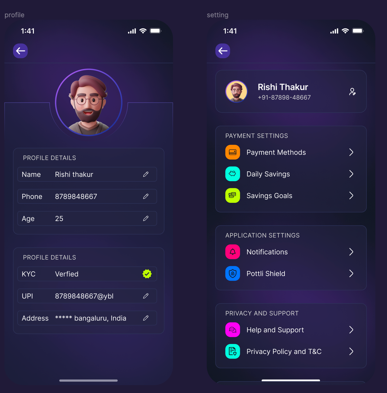 Profile details/ settings dark mode by UXRishi on Dribbble