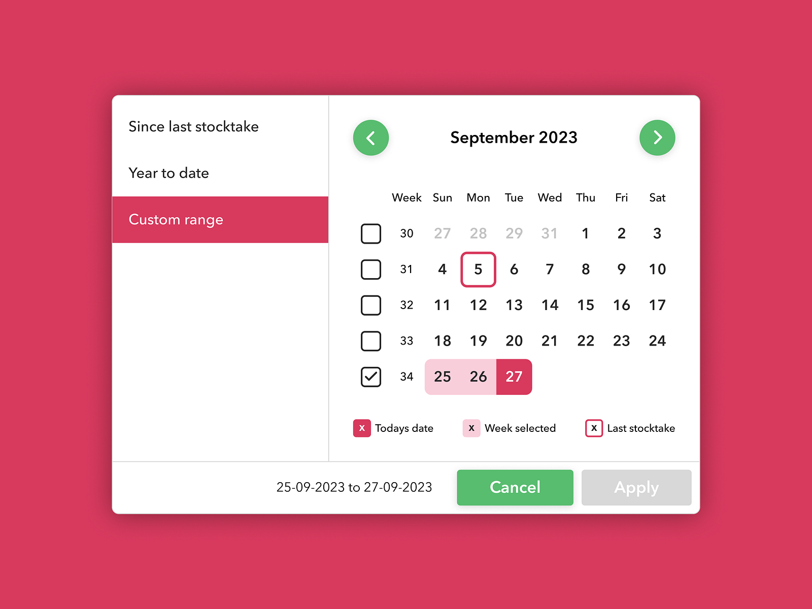 Calendar with week selection by Emma Lawes on Dribbble
