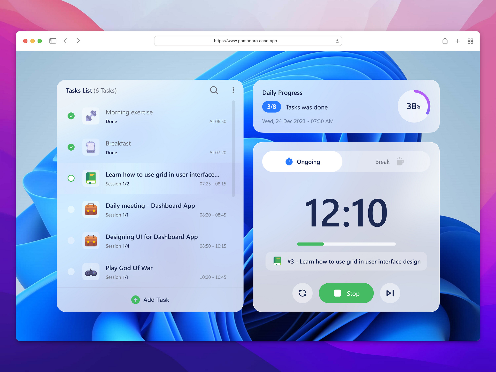 Pomodoro Web App by Vian Pua Meno on Dribbble