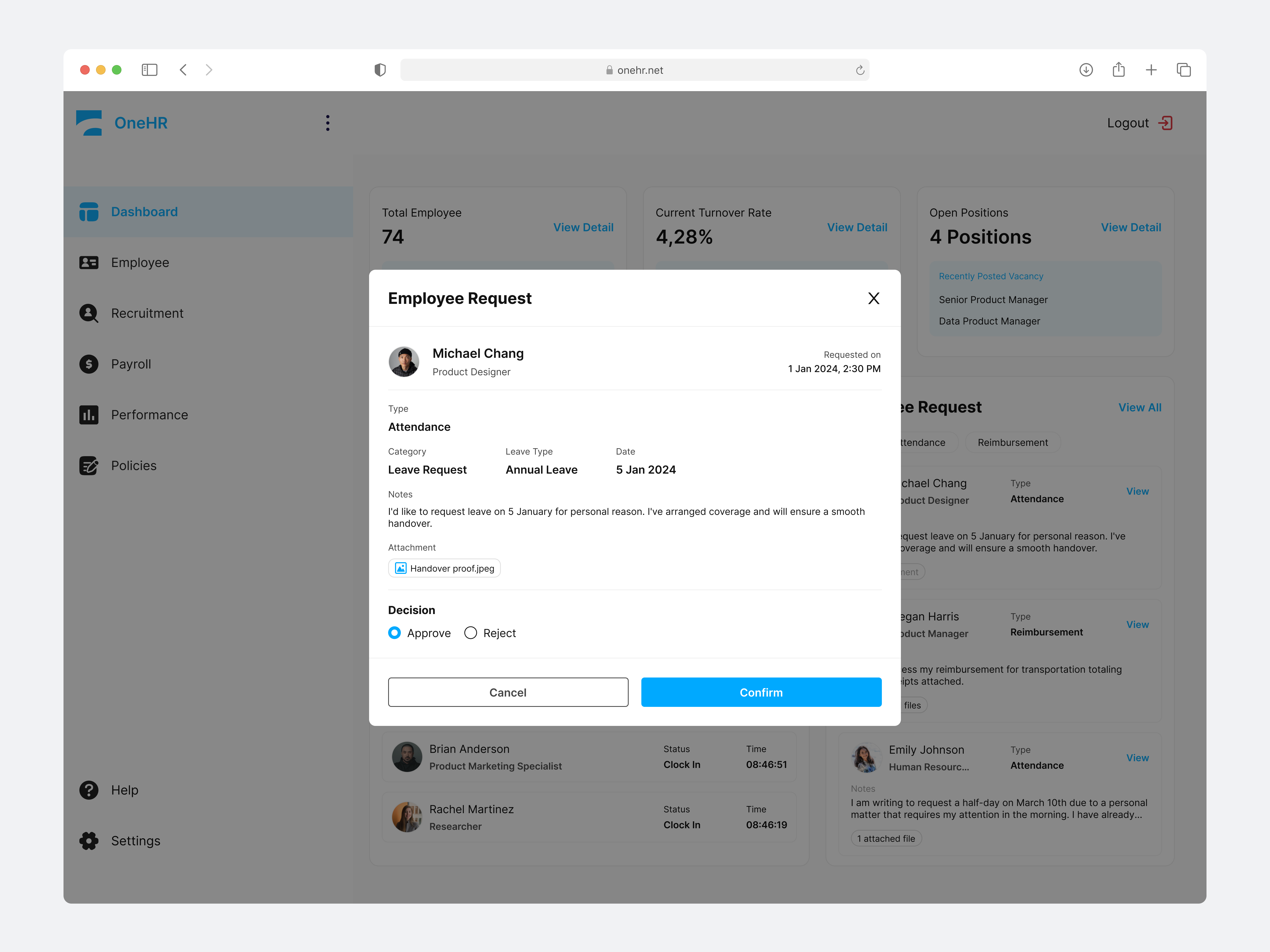 OneHR Dashboard - Request Modal by Rifki Akbar Siregar on Dribbble